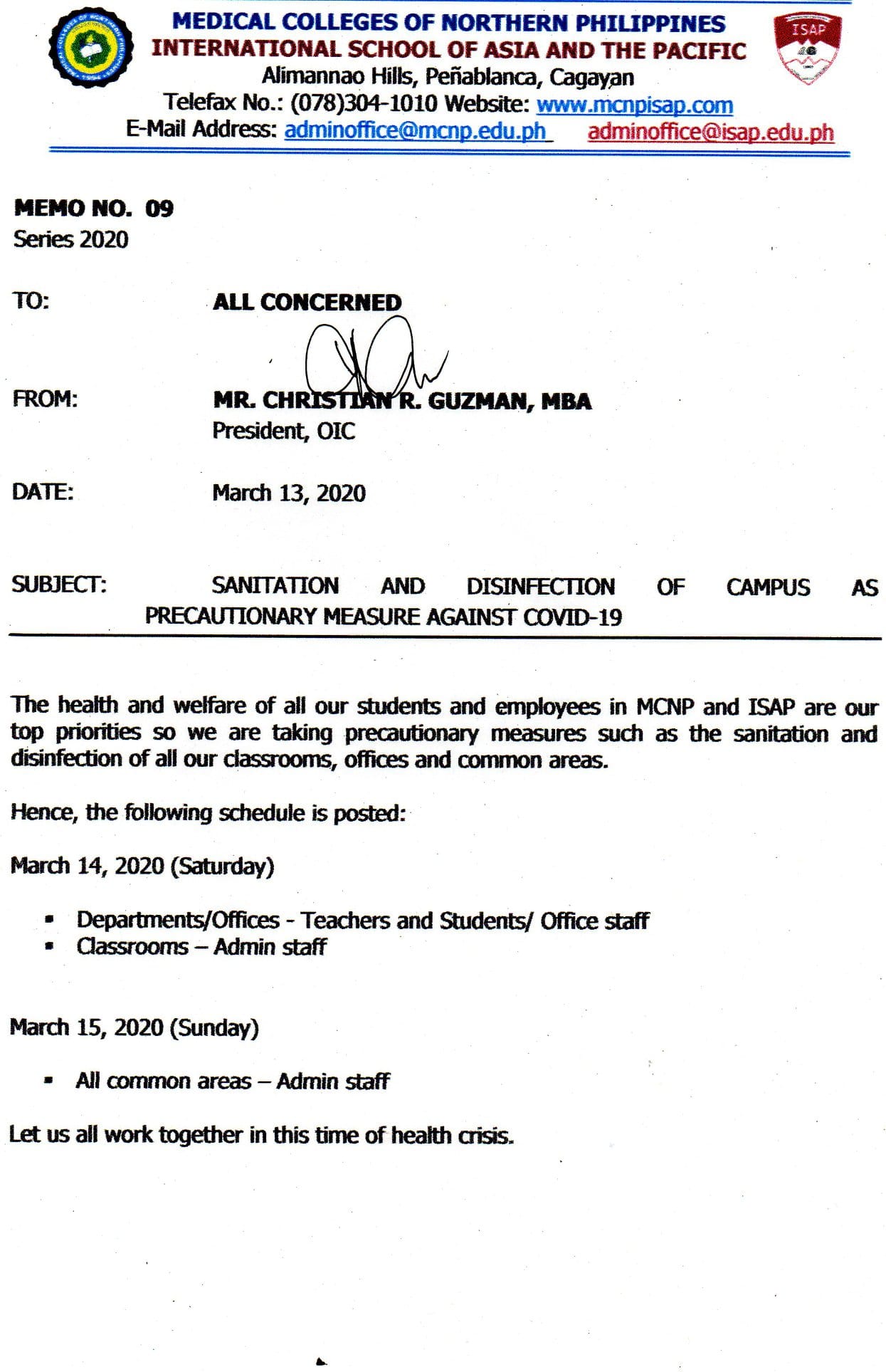 OIC PRESIDENT: Memorandum Order - Medical Colleges of Northern Philippines