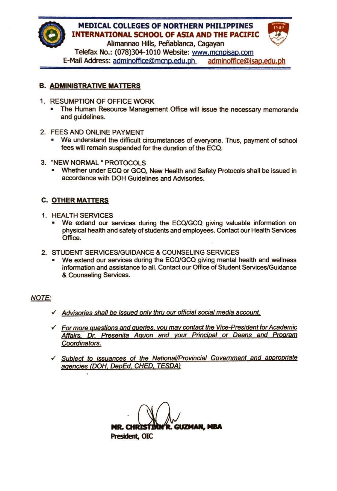 MCNP-ISAP ADVISORY - Medical Colleges of Northern Philippines